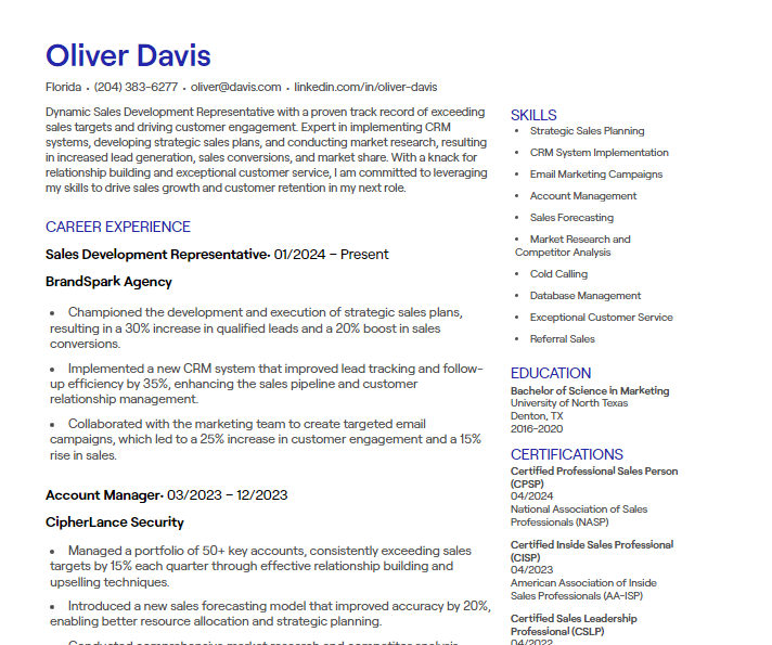 2 Sales Development Representative CV Examples [+ Free Templates]