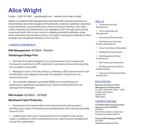 2 Risk Management CV Examples [+ Free Templates]