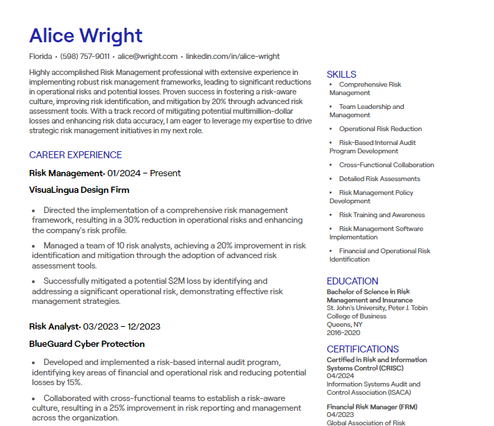 2 Risk Management CV Examples [+ Free Templates]