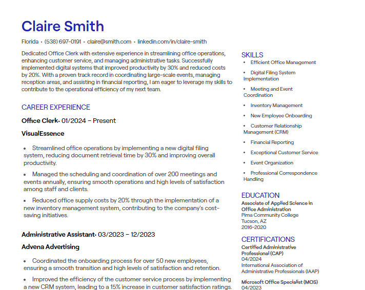 4 Office Clerk CV Examples [+ Free Templates]