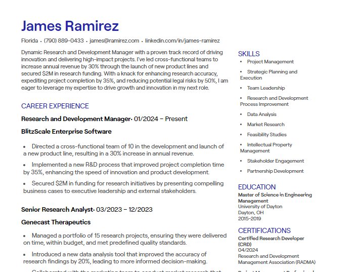 1 Research and Development Manager CV Examples [+ Free Templates]