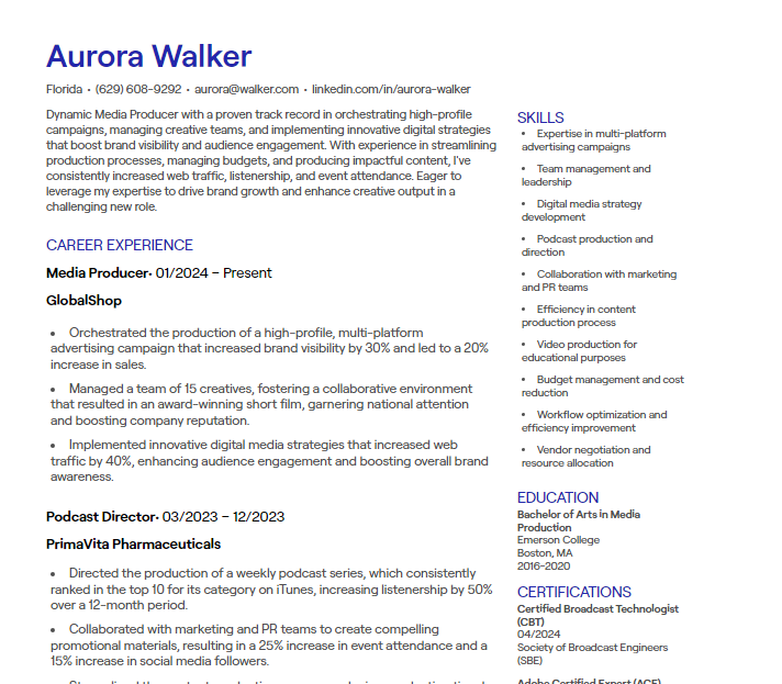 1 Media Producer CV Examples [+ Free Templates]