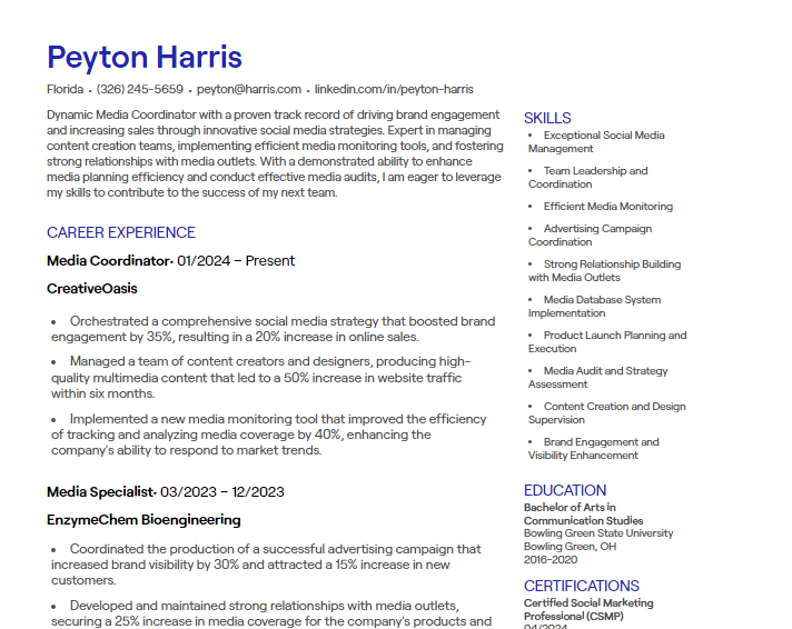 1 Media Coordinator CV Examples [+ Free Templates]