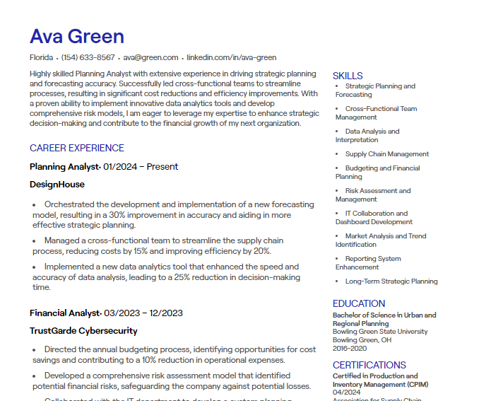 1 Planning Analyst CV Examples [+ Free Templates]