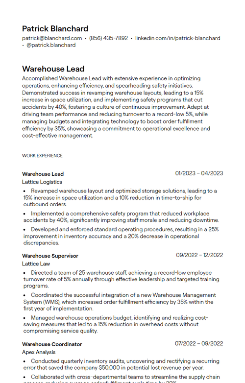 1+ Warehouse Lead Resume Examples [with Guidance]
