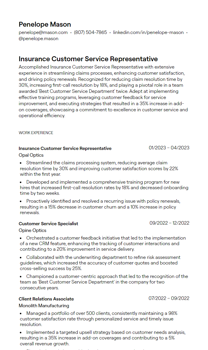 1+ Insurance Customer Service Representative Resume Examples [with ...