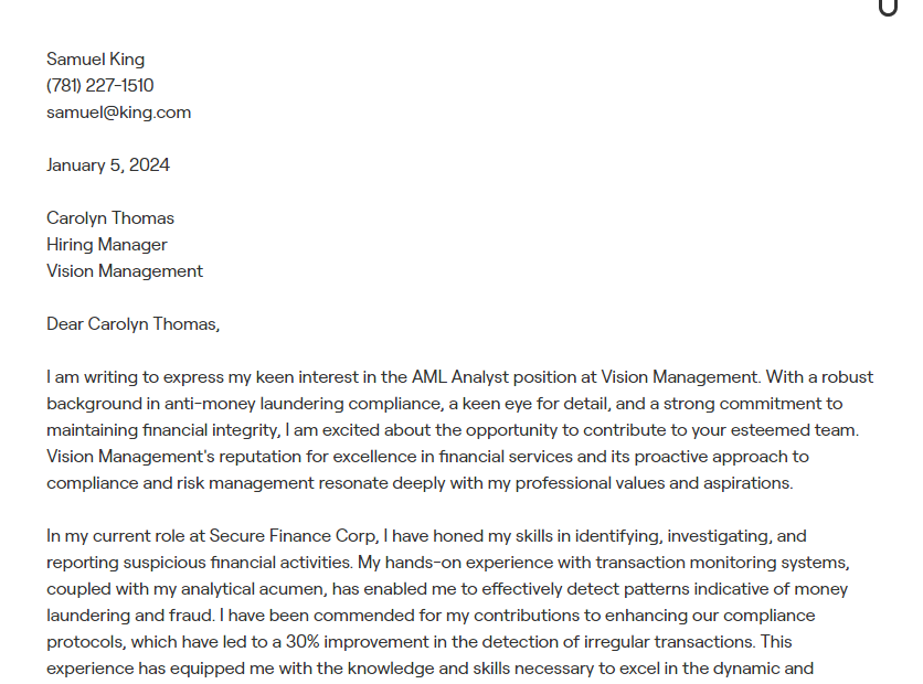 4+ AML Analyst Cover Letter Examples (with In-Depth Guidance)