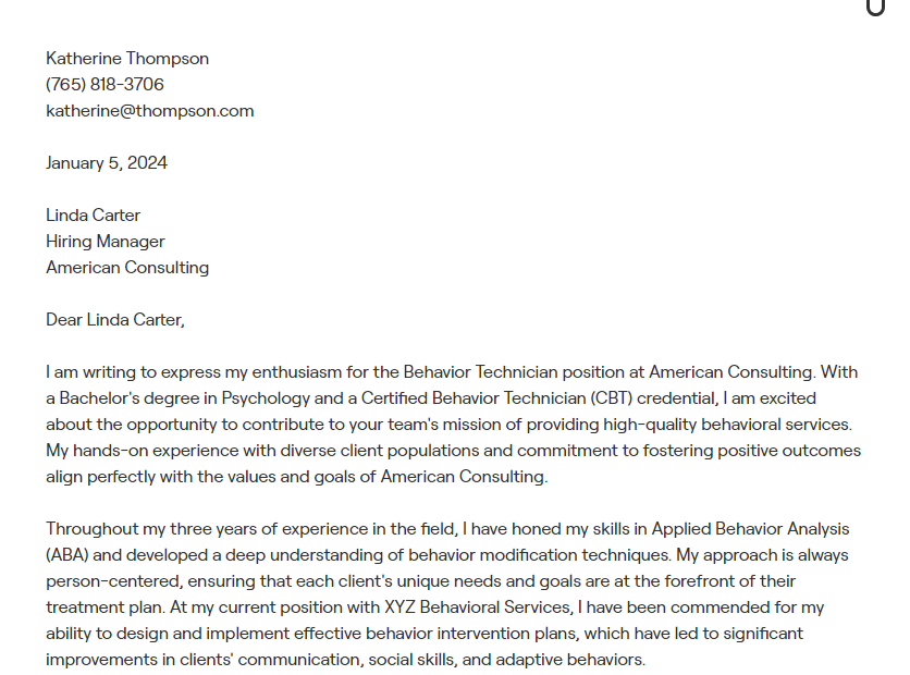 2+ Behavior Technician Cover Letter Examples (with In-Depth Guidance)