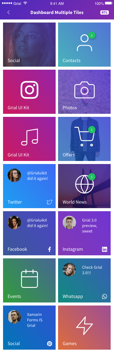 Dashboard Multiple Tiles Page - Grial UI Kit For Xamarin Forms