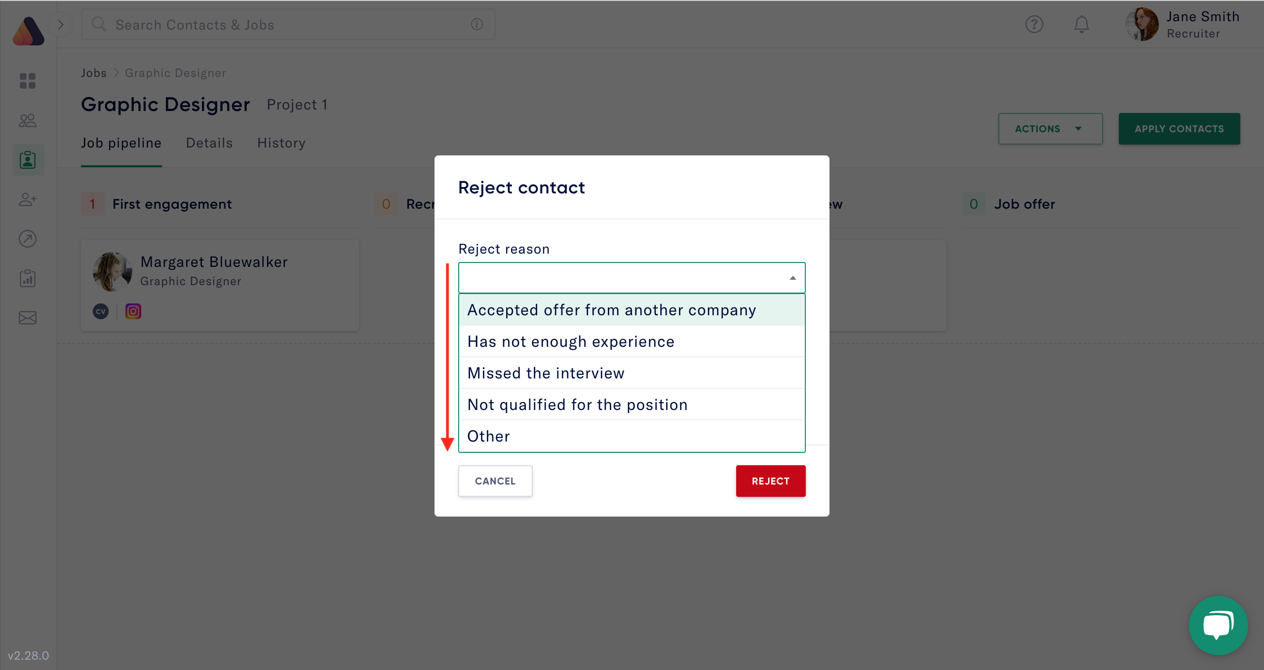 How to reject candidate from the job pipeline?