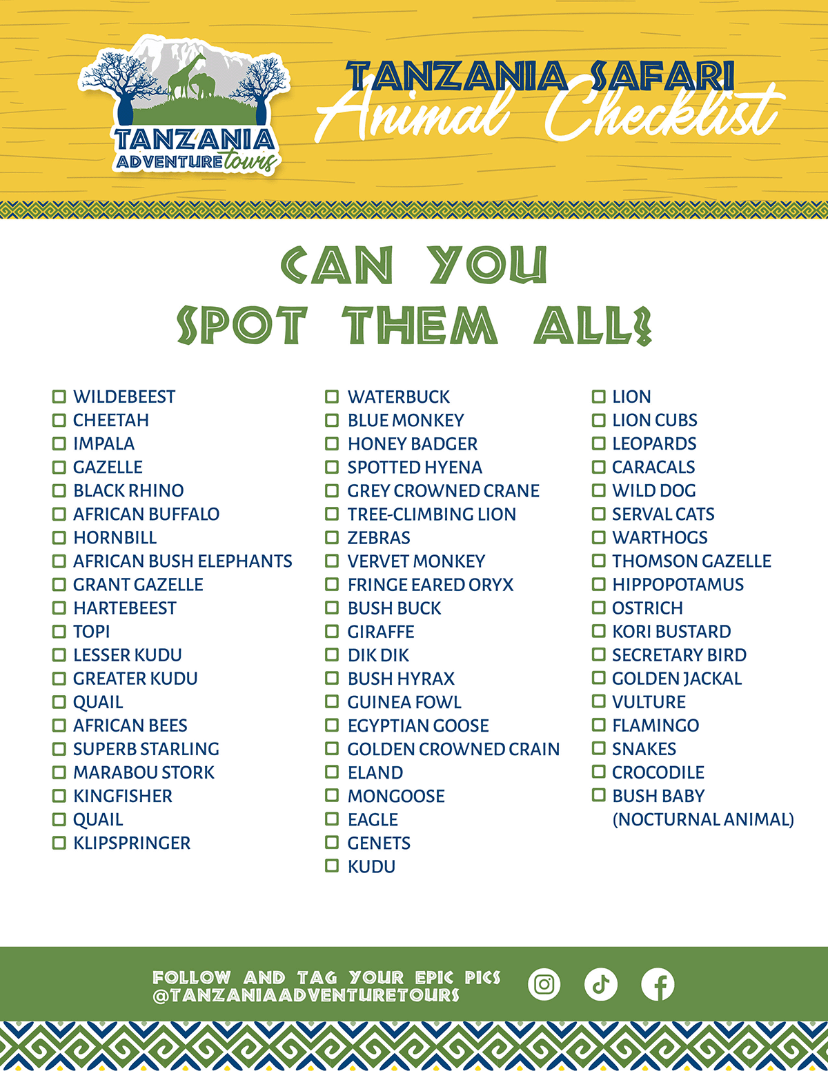 Tanzania Safari Animal Checklist 2022 | Tanzania Adventure Tours
