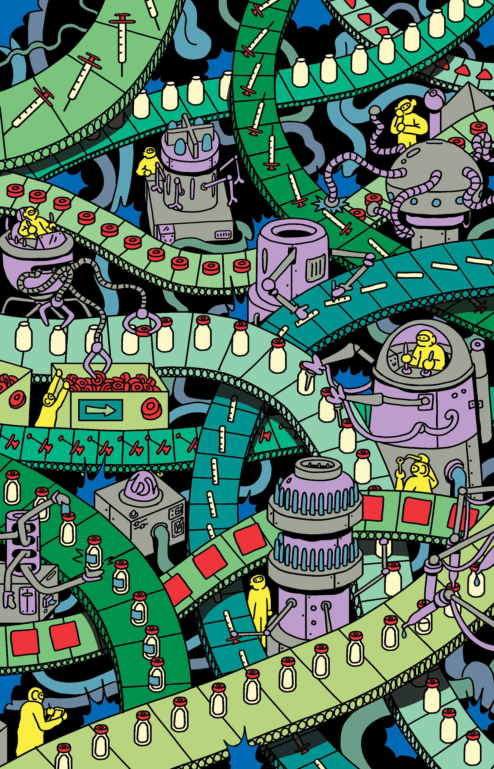 Patrick Edell's illustration for Bloomberg Businessweek: "BioNTech Supercharges a Factory to ...