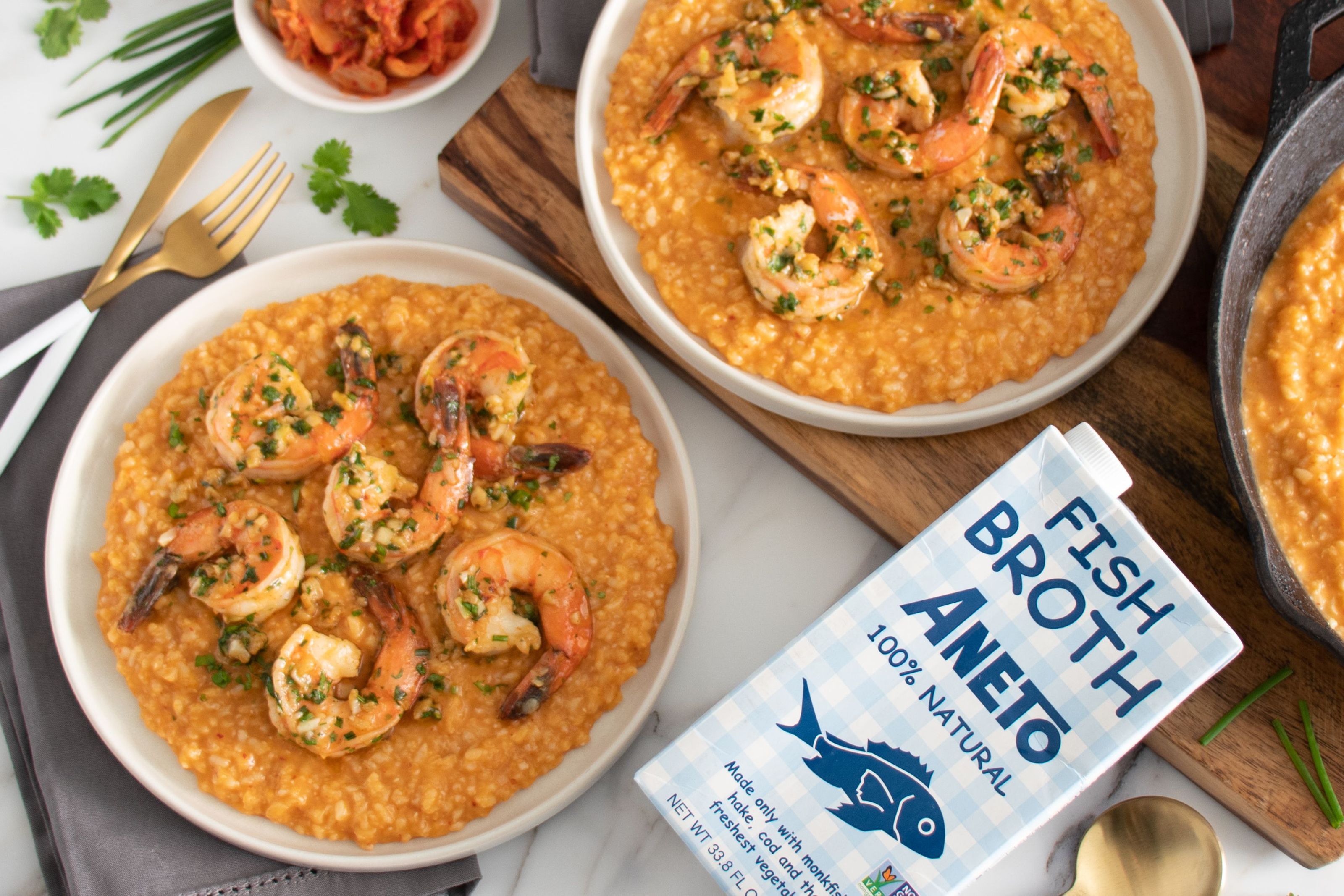 Kimchi Risotto with Garlic Shrimp