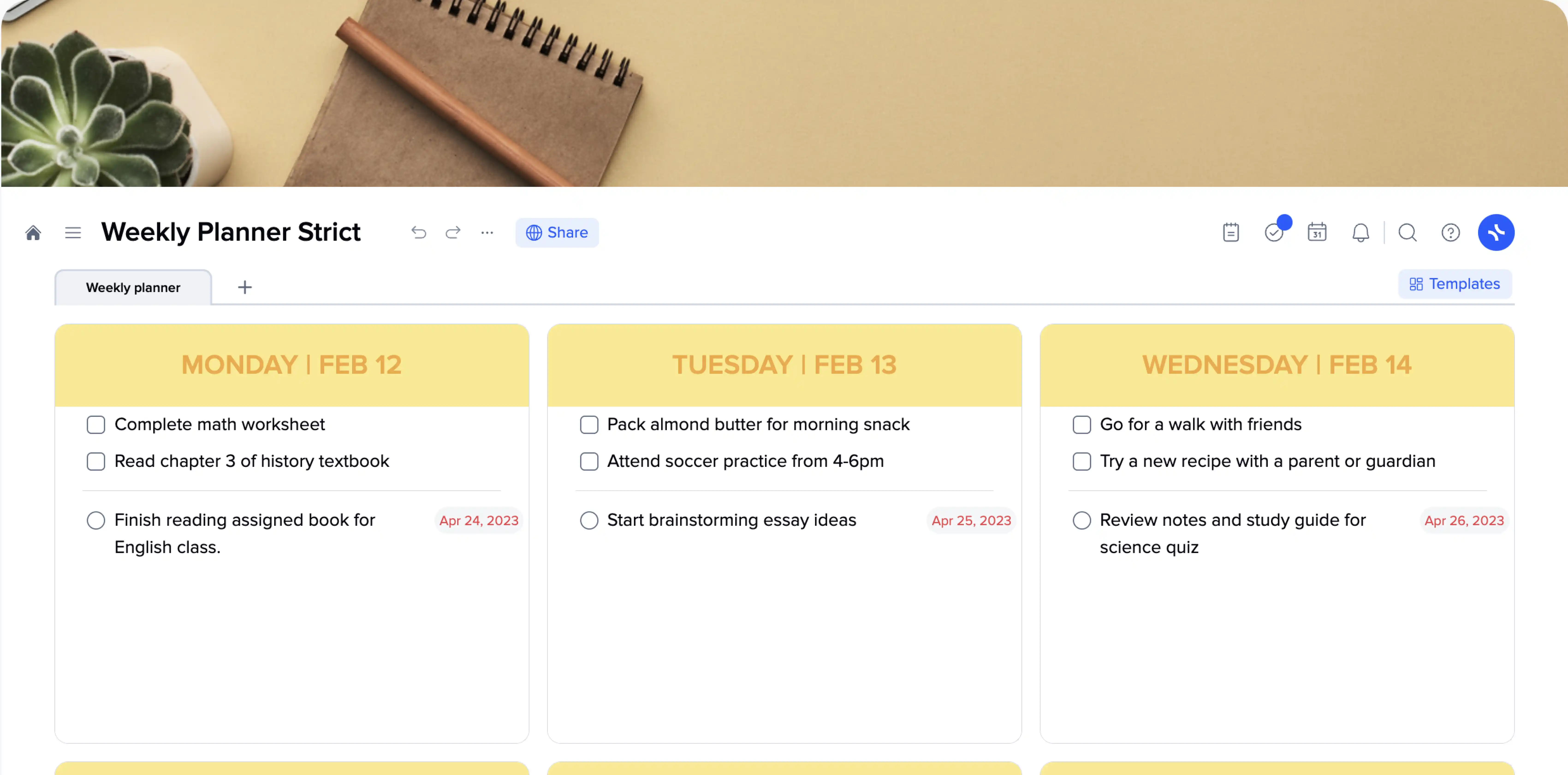 Weekly Planner Simple Template online for free | xTiles