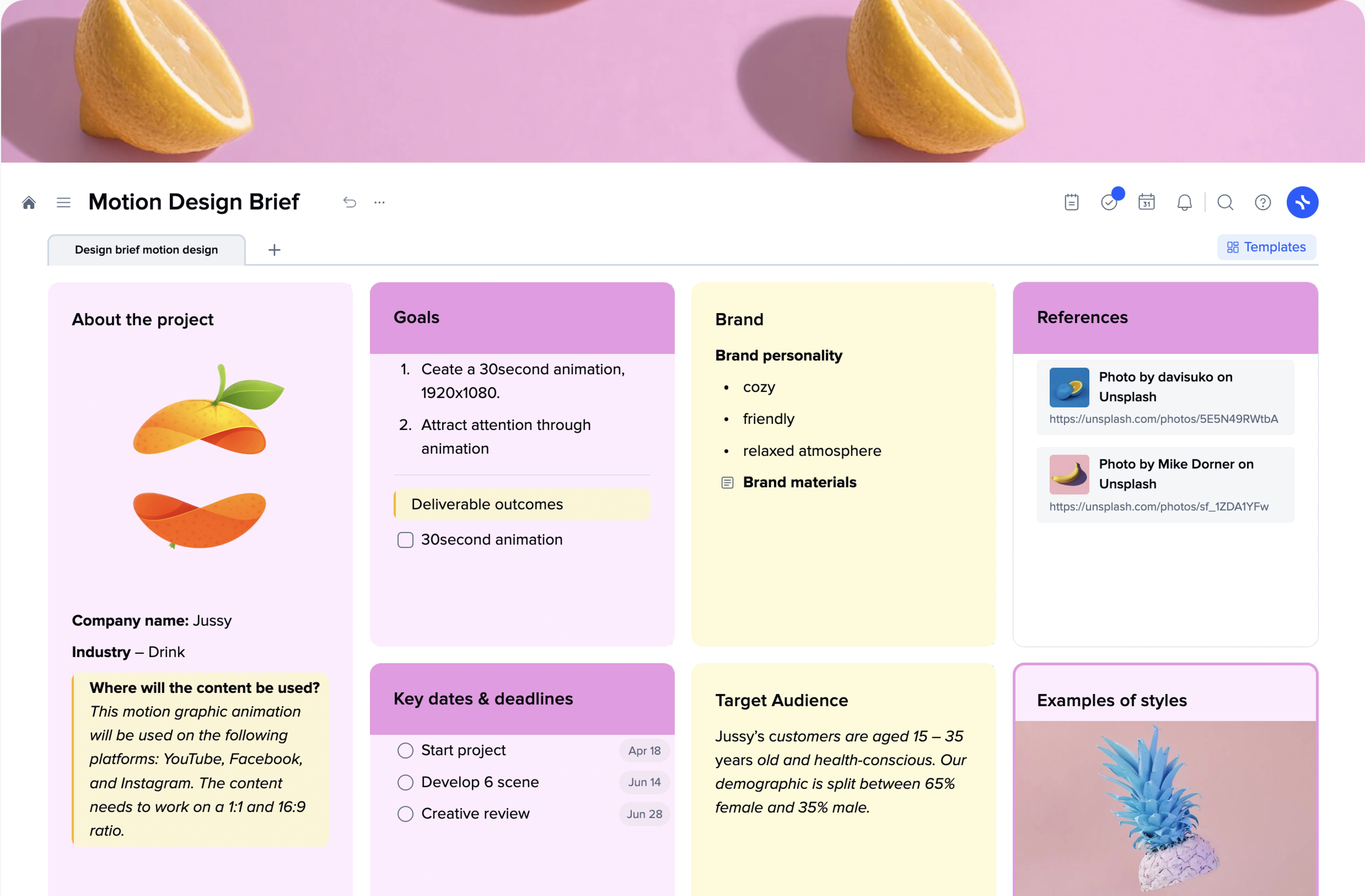 Free Project Plan Template for Motion Design online | xTiles