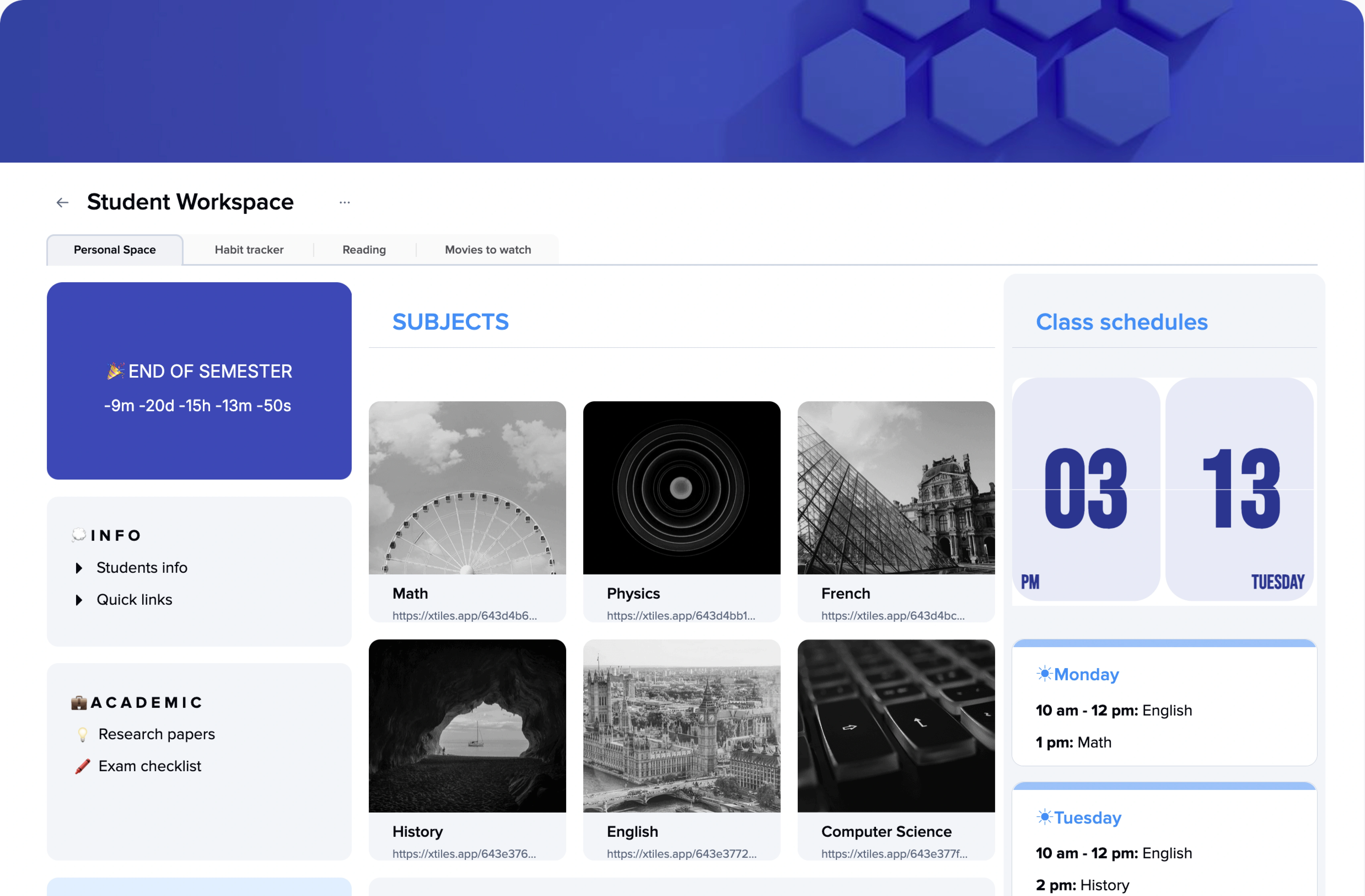 Template for student education, routine, and daylife online – xTiles