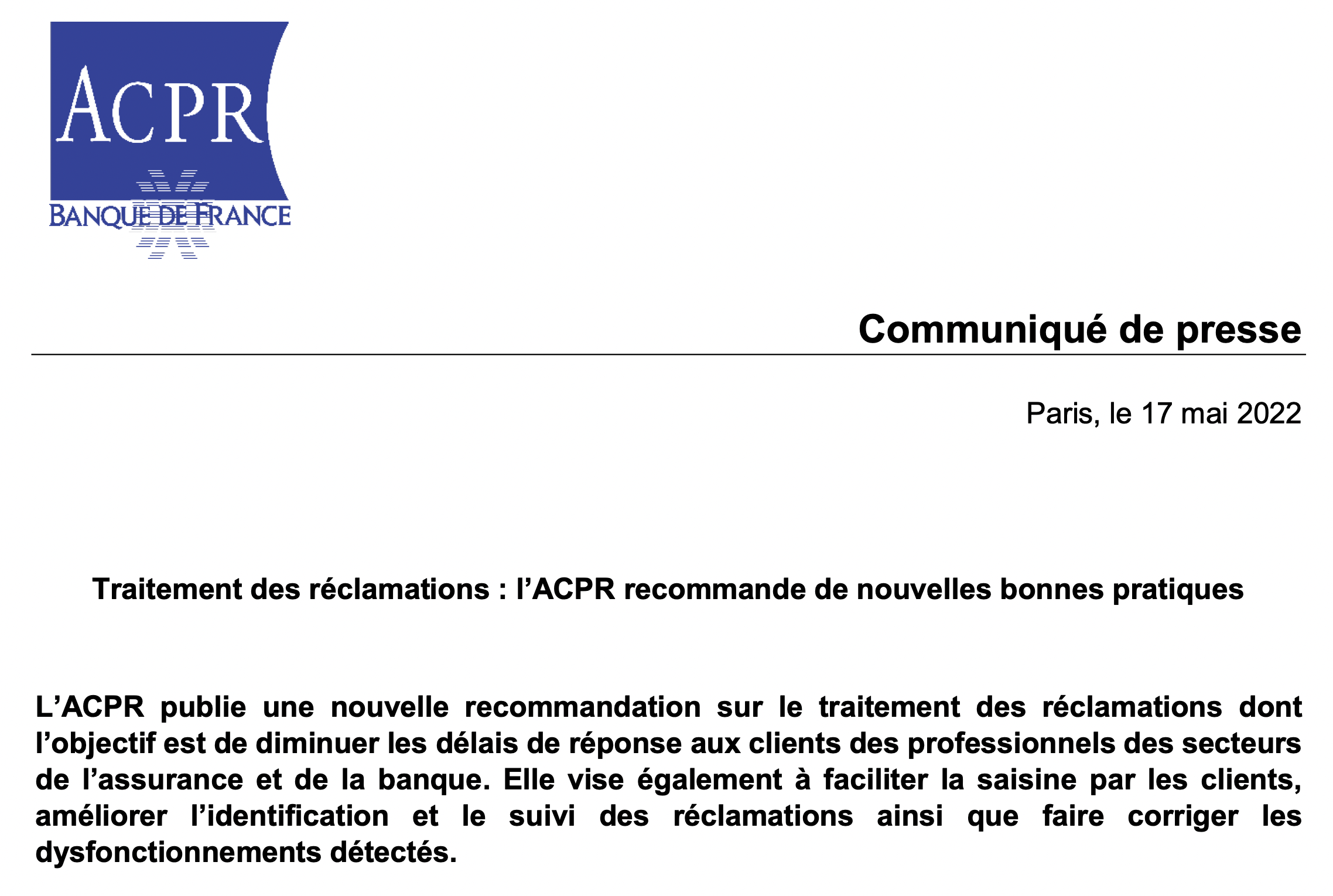 Traitement des réclamations : l’ACPR recommande de nouvelles bonnes pratiques | News | Graces ...