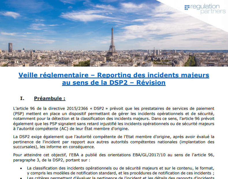 Reporting des incidents majeurs au sens de la DSP2 / Regulation Partners | Veille réglementaire ...