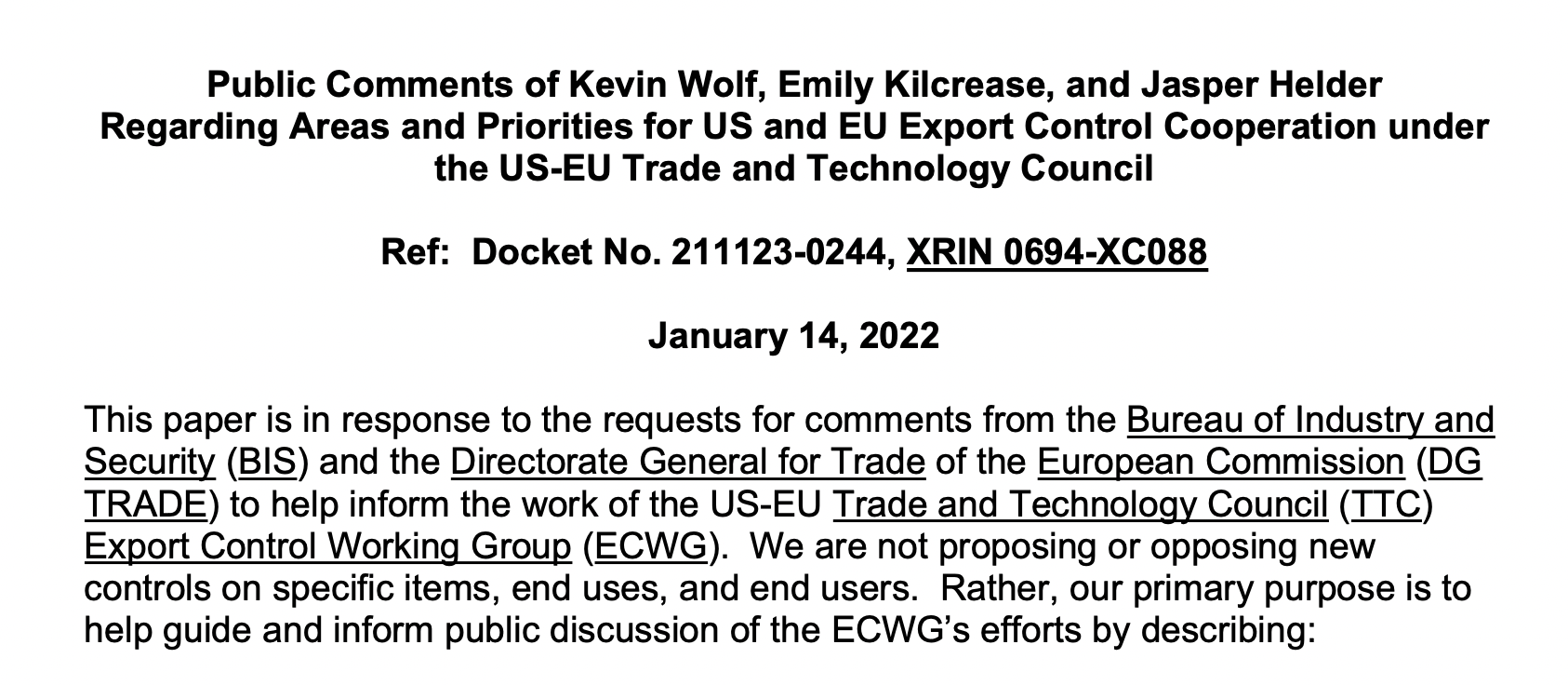 Public Comments of Kevin Wolf, Emily Kilcrease, and Jasper Helder ...