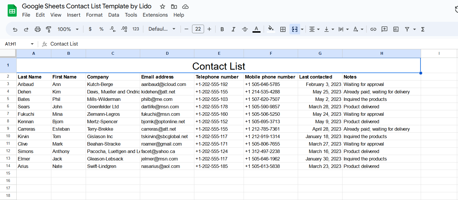 Contacts Excel Template
