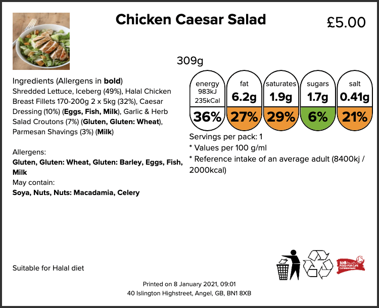 Natasha's Law Food Labelling Software from Kafoodle