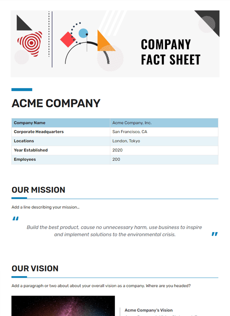 Company Fact Sheet Template | Bit.ai