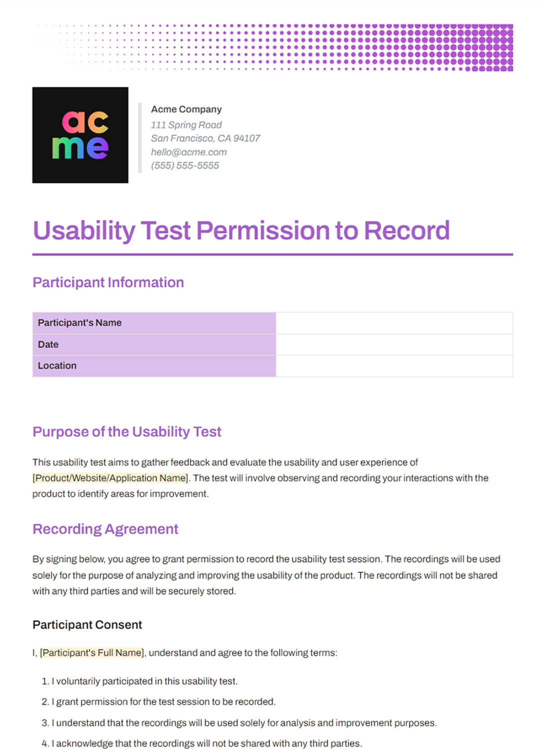 Usability Test Permission To Record | Bit.ai
