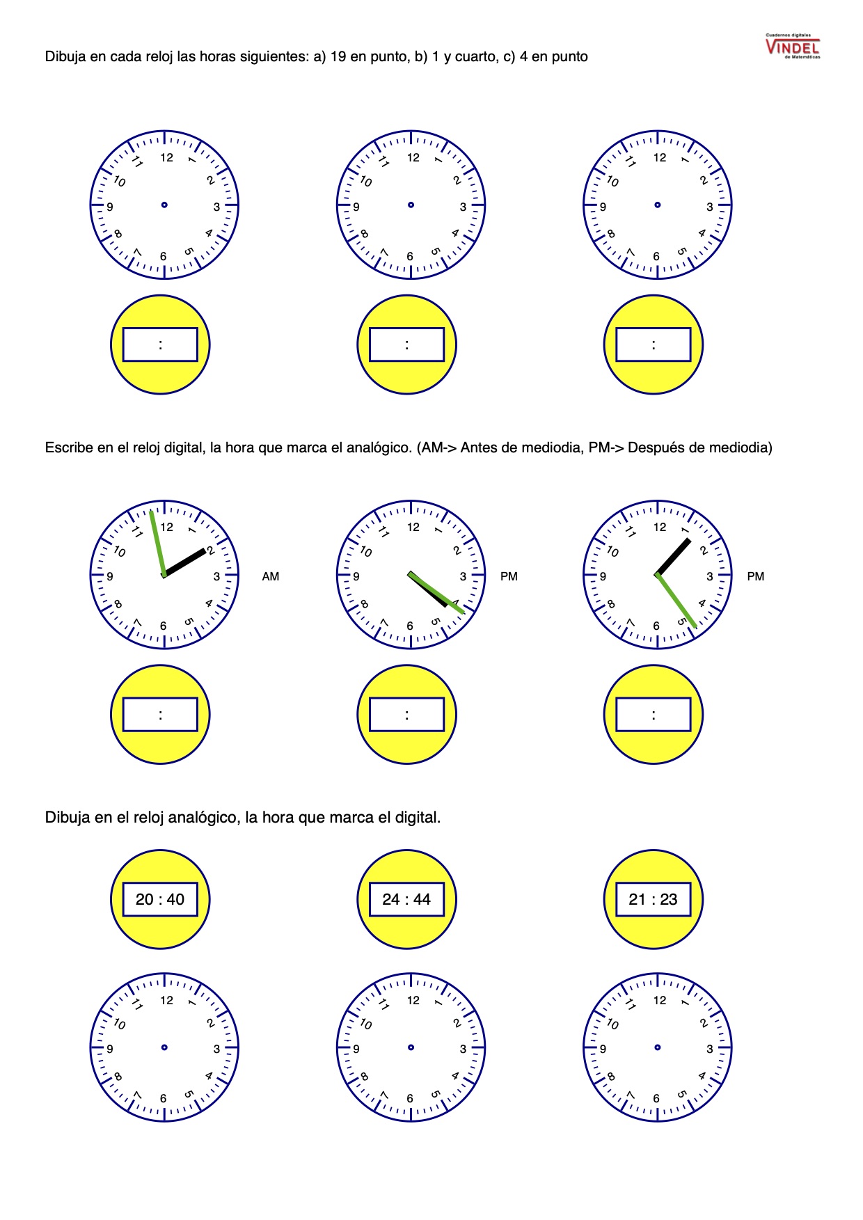 Ejercicios de horas en el reloj analógico y digital – AMA Homeschooling