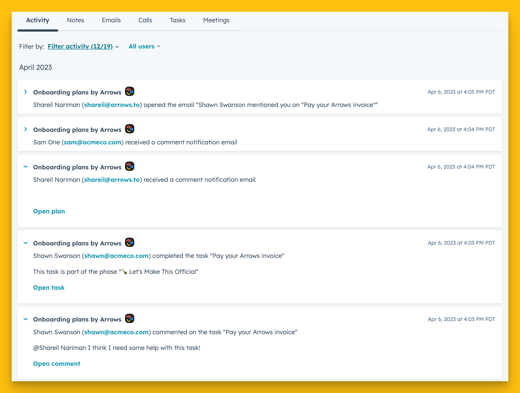 View Arrows plan activity in your HubSpot timeline – Arrows