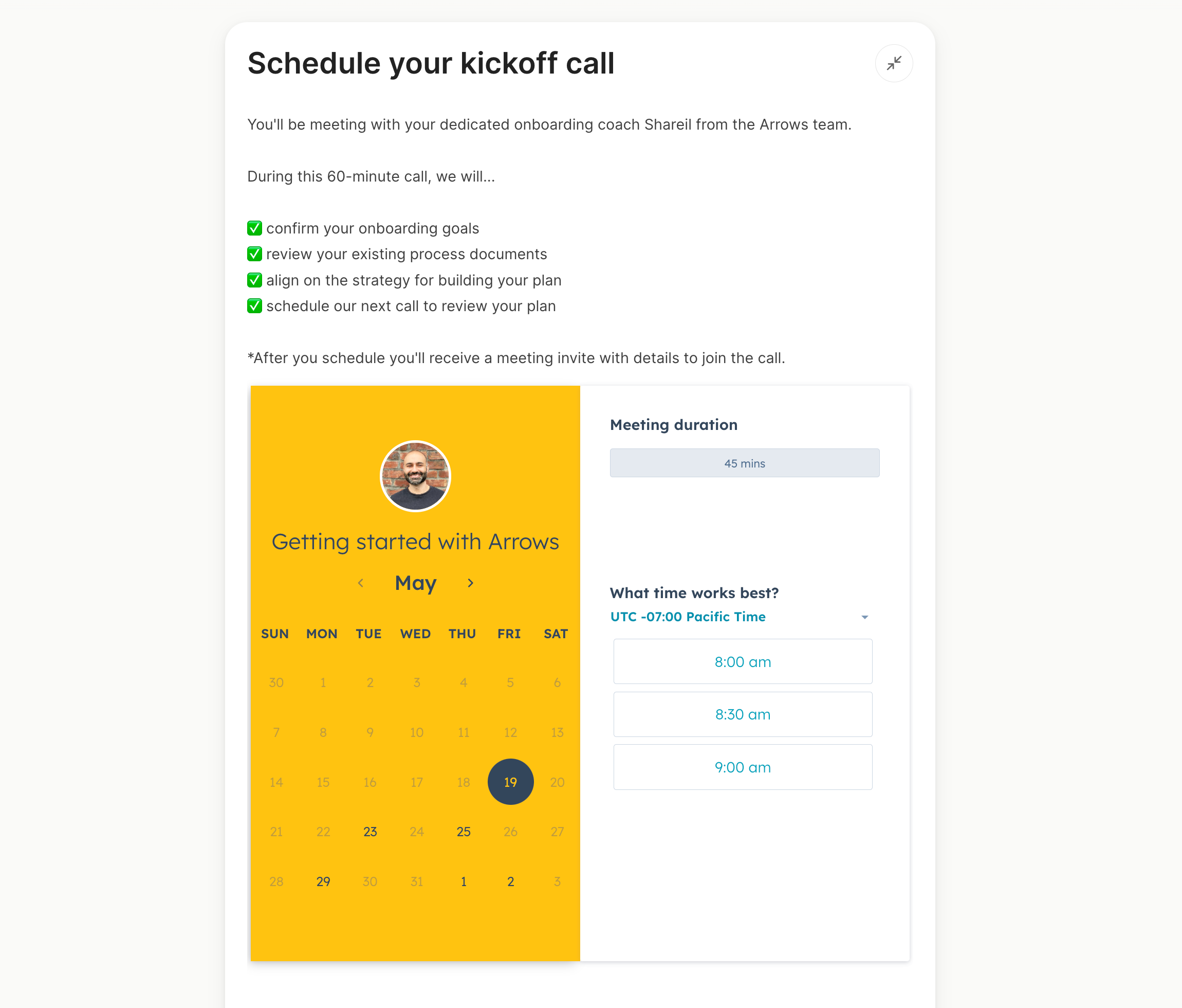 Prompt customers to schedule kickoff calls during onboarding
