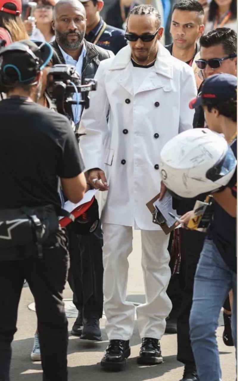 Lewis Hamilton all white while out on the race track