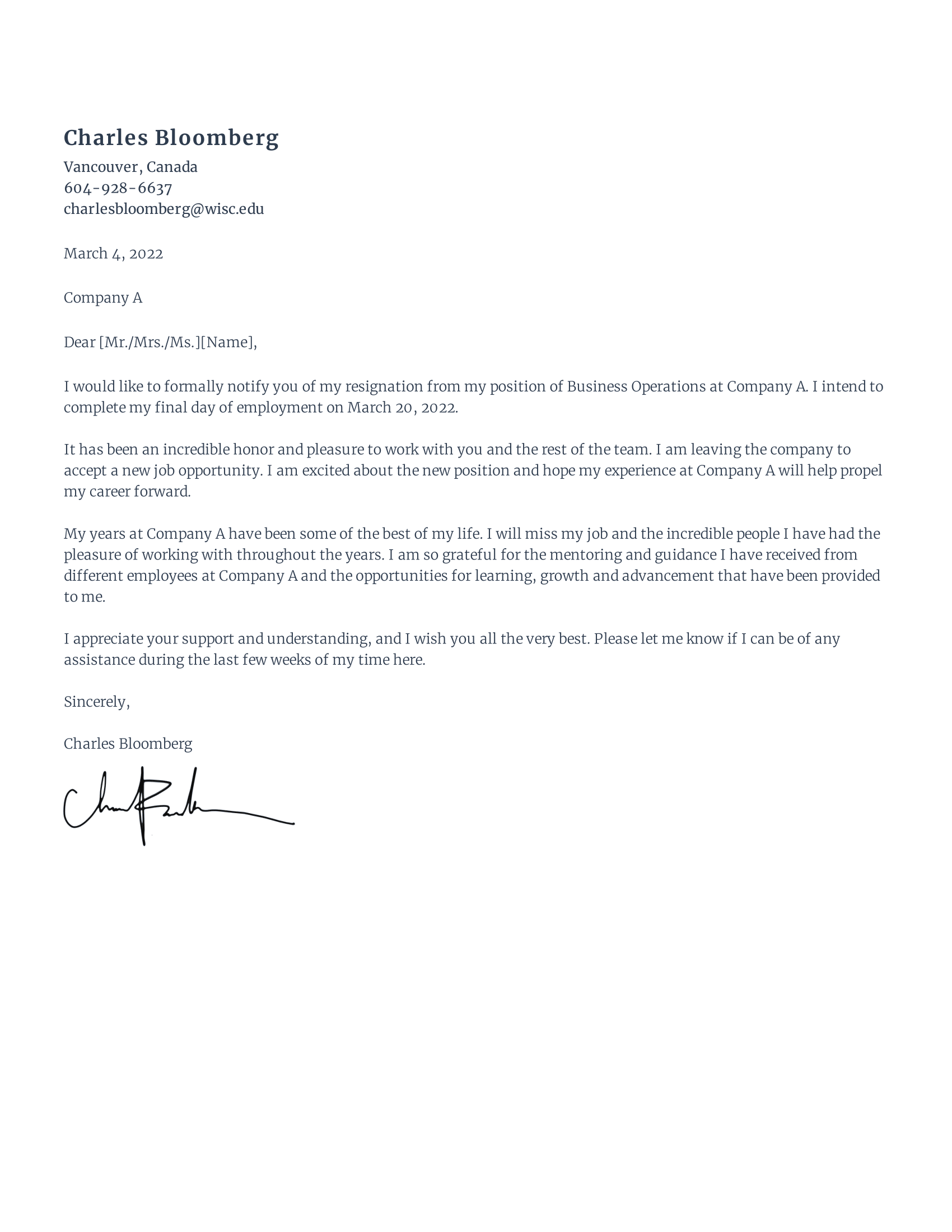 Free Business Operations Resignation Letter Sample - Rezi