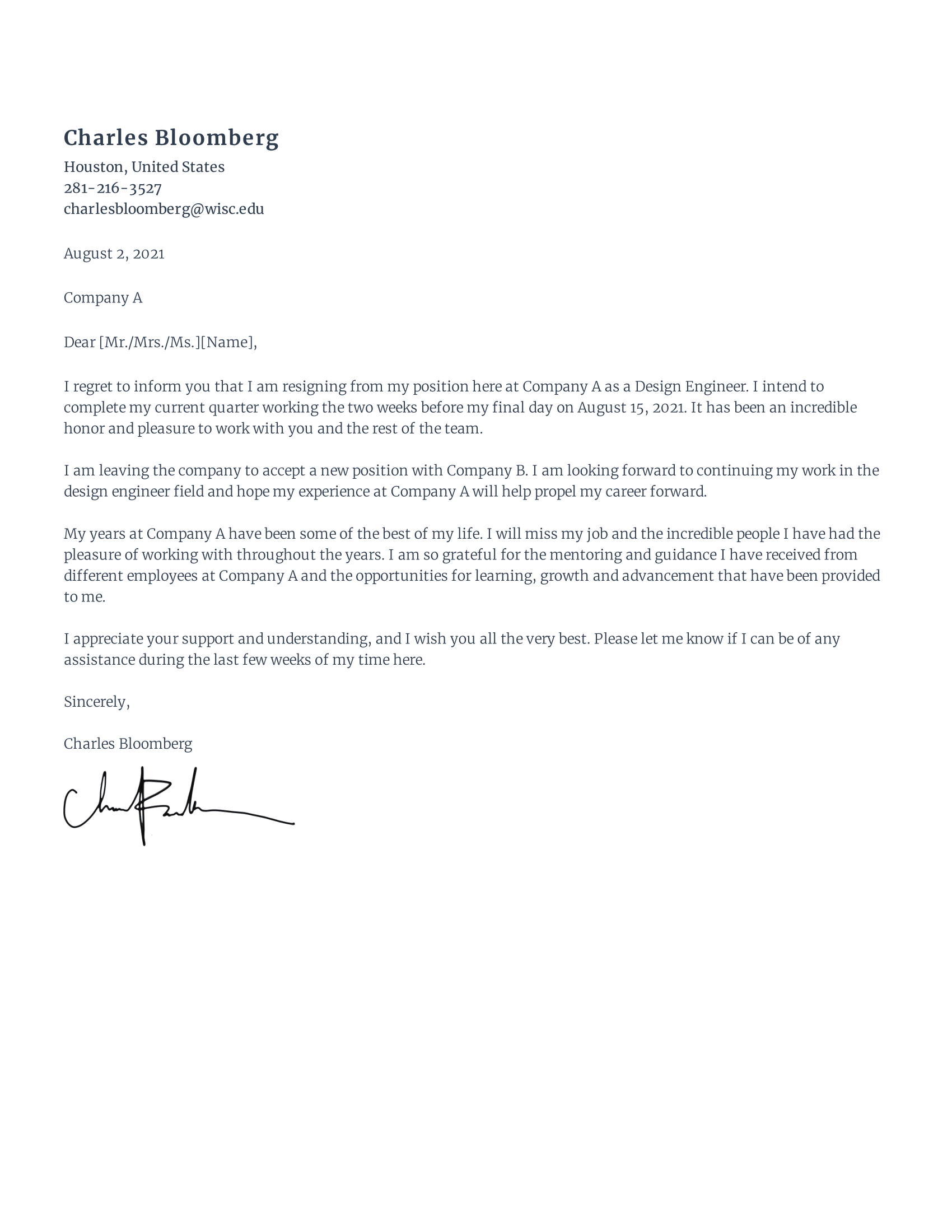 Free Design Engineer Resignation Letter Sample - Rezi