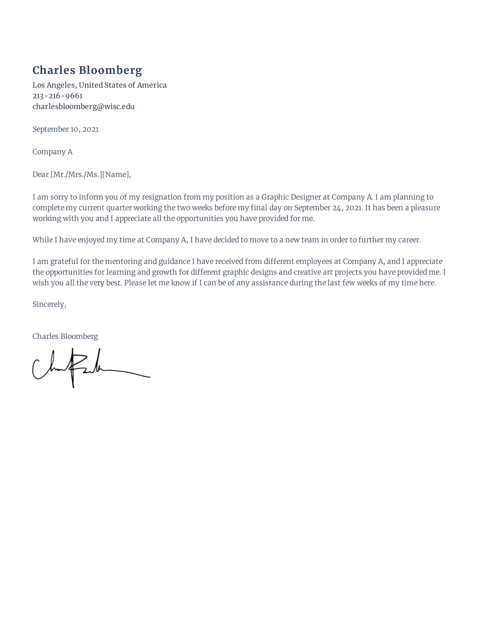 Free Graphic Designer Resignation Letter Sample - Rezi