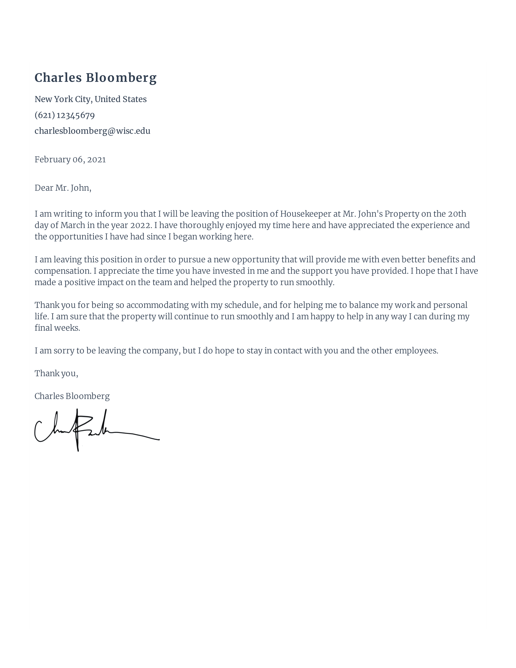 Free Housekeeper Resignation Letter Sample - Rezi