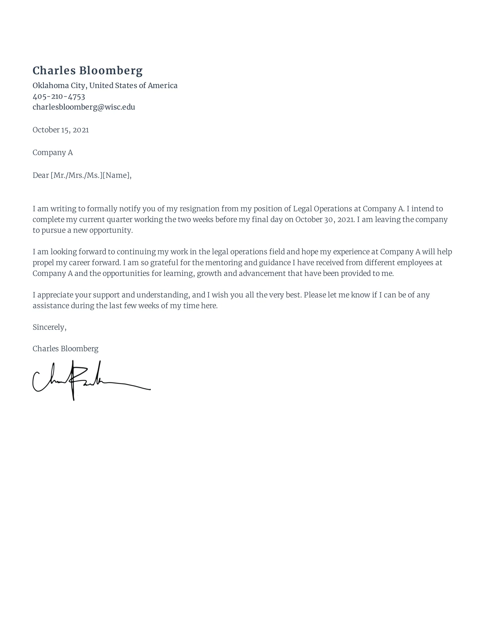 Free Legal Operations Resignation Letter Sample - Rezi