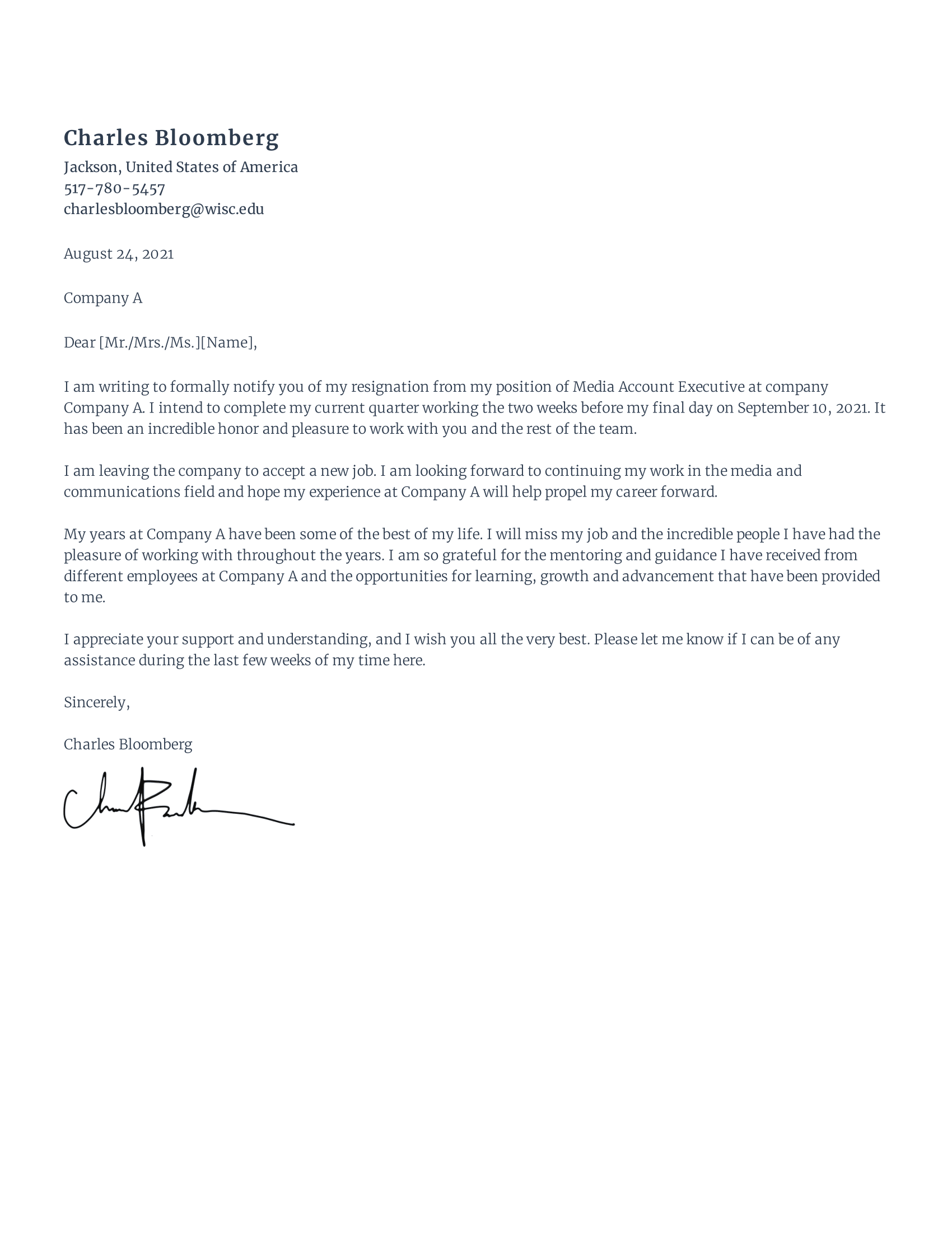 Free Media Account Executive Resignation Letter Sample - Rezi