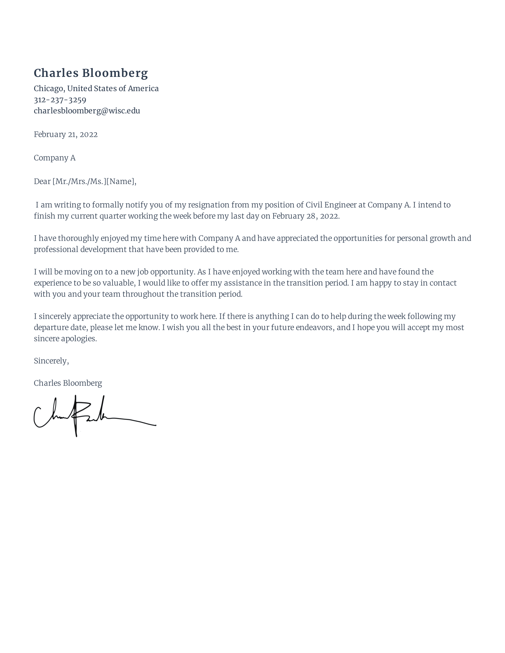 Free One Week Notice Resignation Letter Sample - Rezi