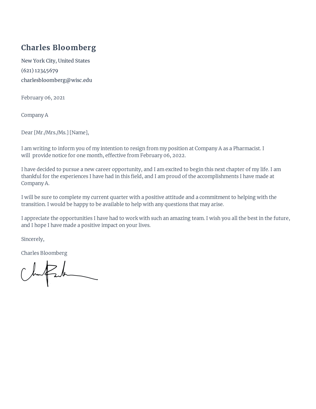 Free Pharmacist Resignation Letter Sample - Rezi
