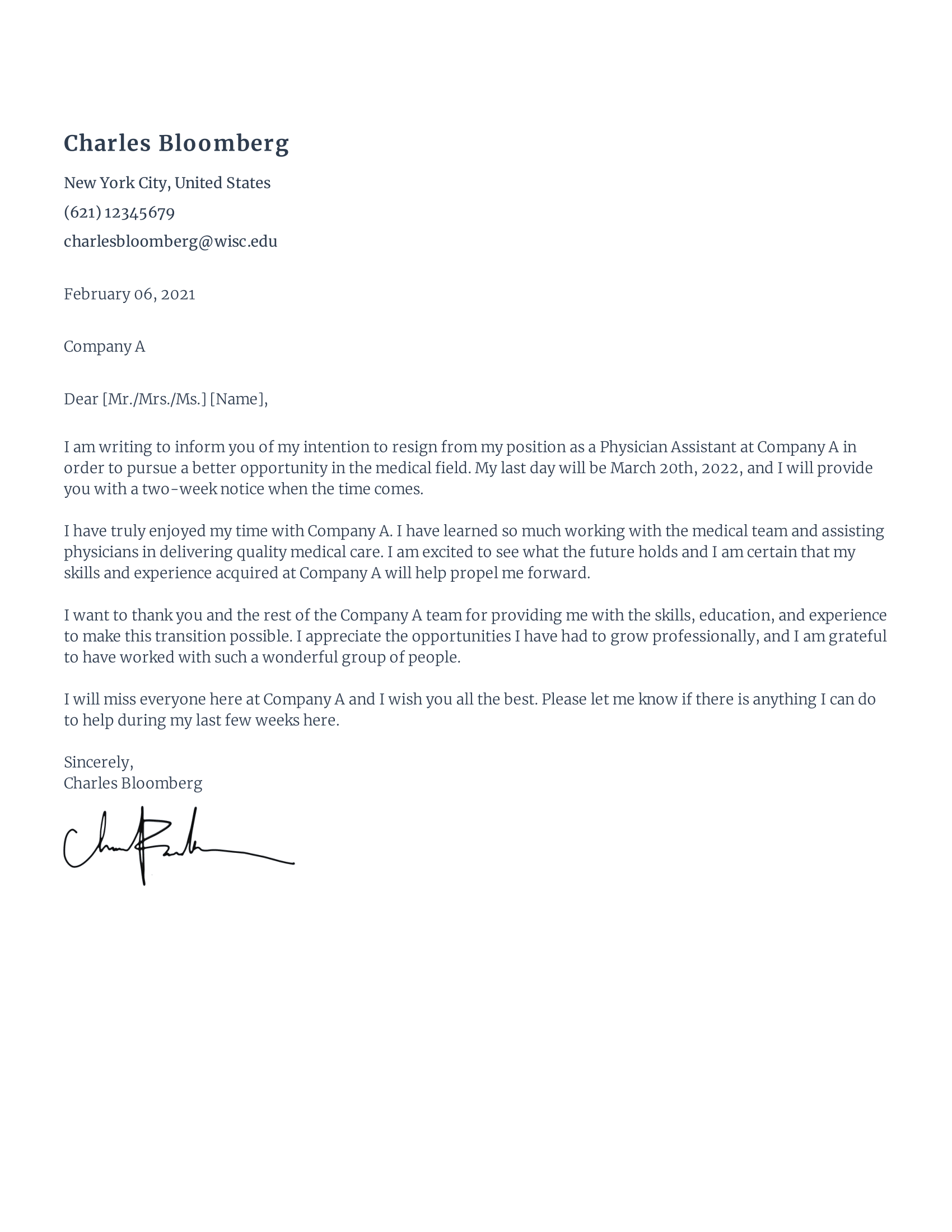 Free Physician Assistant Resignation Letter Sample - Rezi