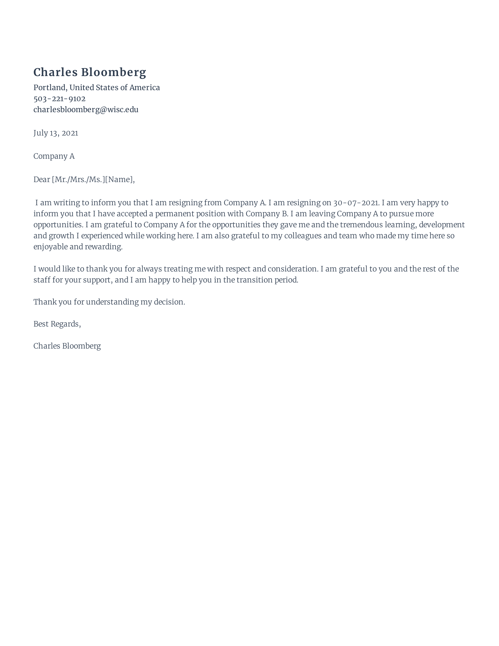 Free Permanent Position Resignation Letter Sample - Rezi