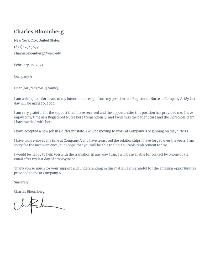 Free Registered Nurse Resignation Letter Sample - Rezi
