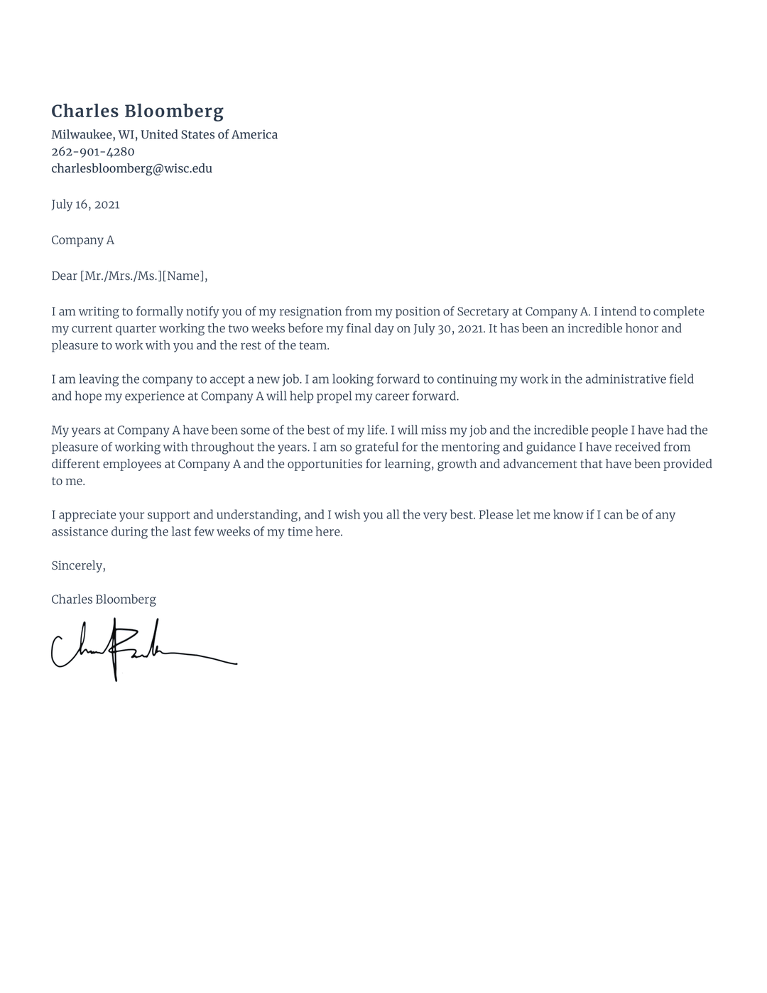 Free Secretary Resignation Letter Sample - Rezi