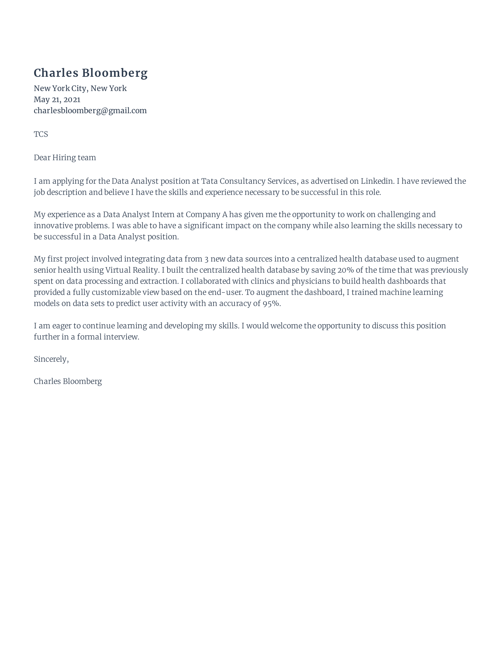 Free Data Analyst Cover Letter Sample - Rezi