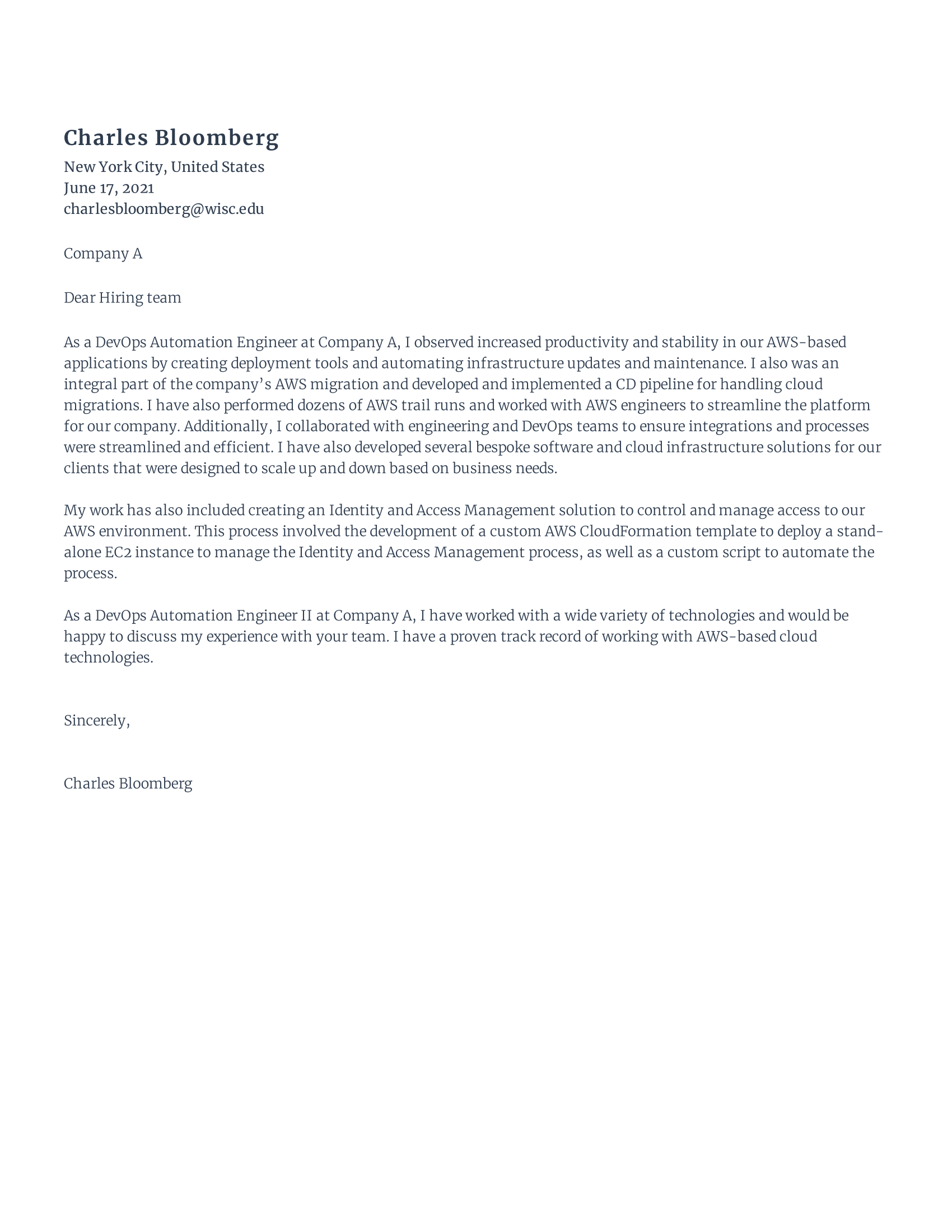 Free DevOps Engineer Cover Letter Sample - Rezi