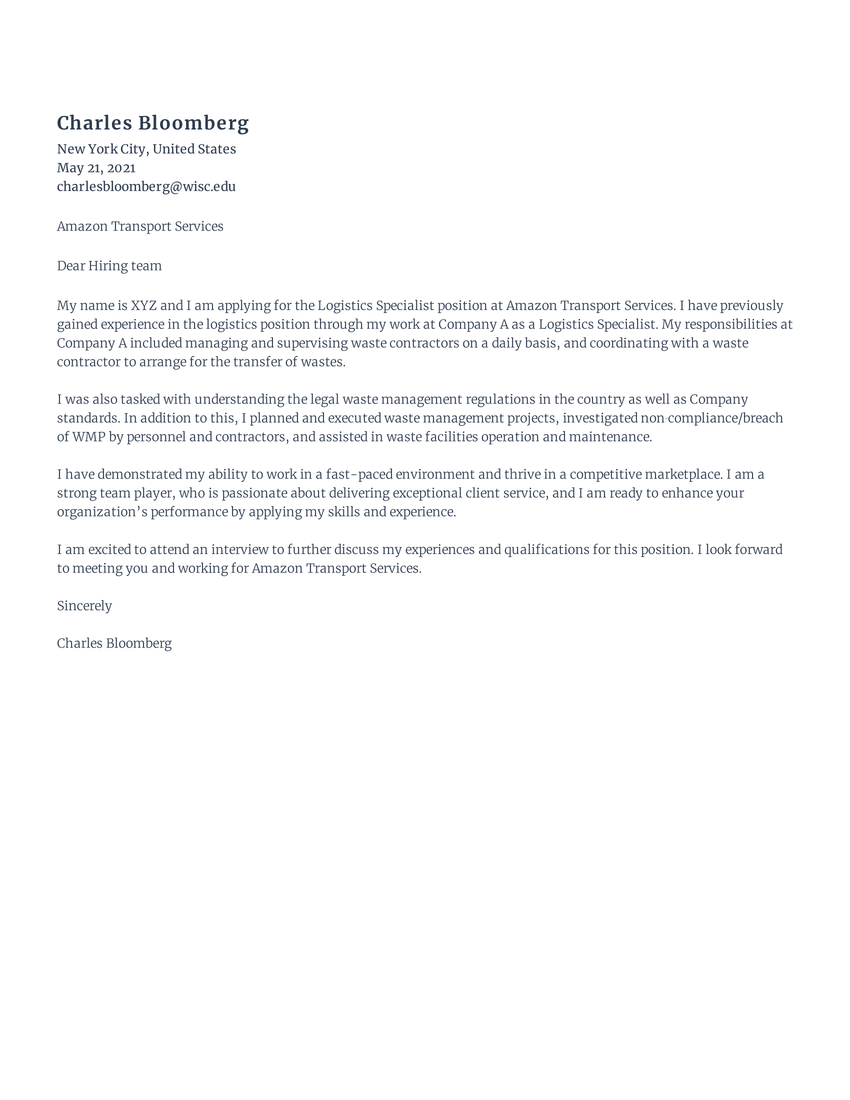 Free Logistics Specialist Cover Letter Sample - Rezi