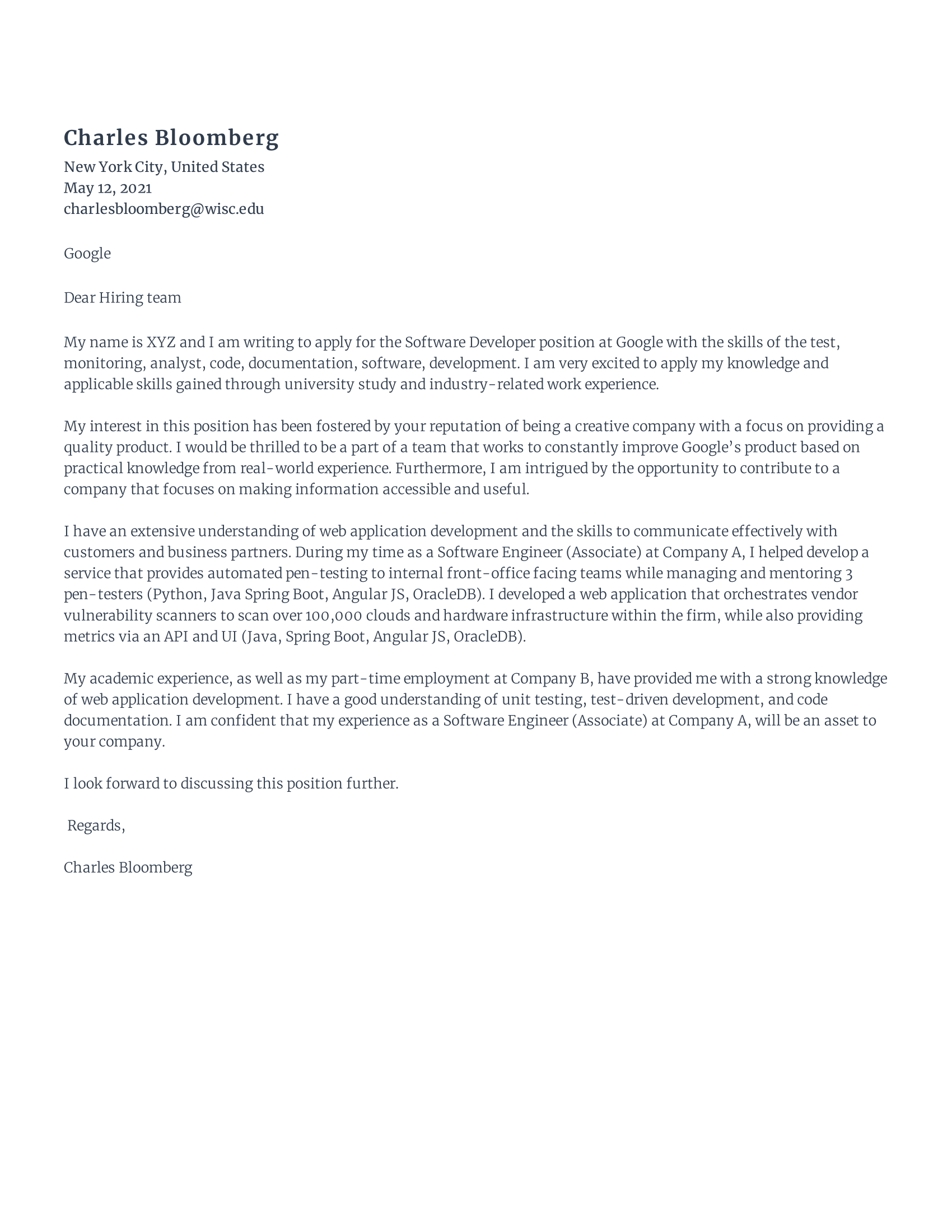 Free Software Developer Cover Letter Sample - Rezi