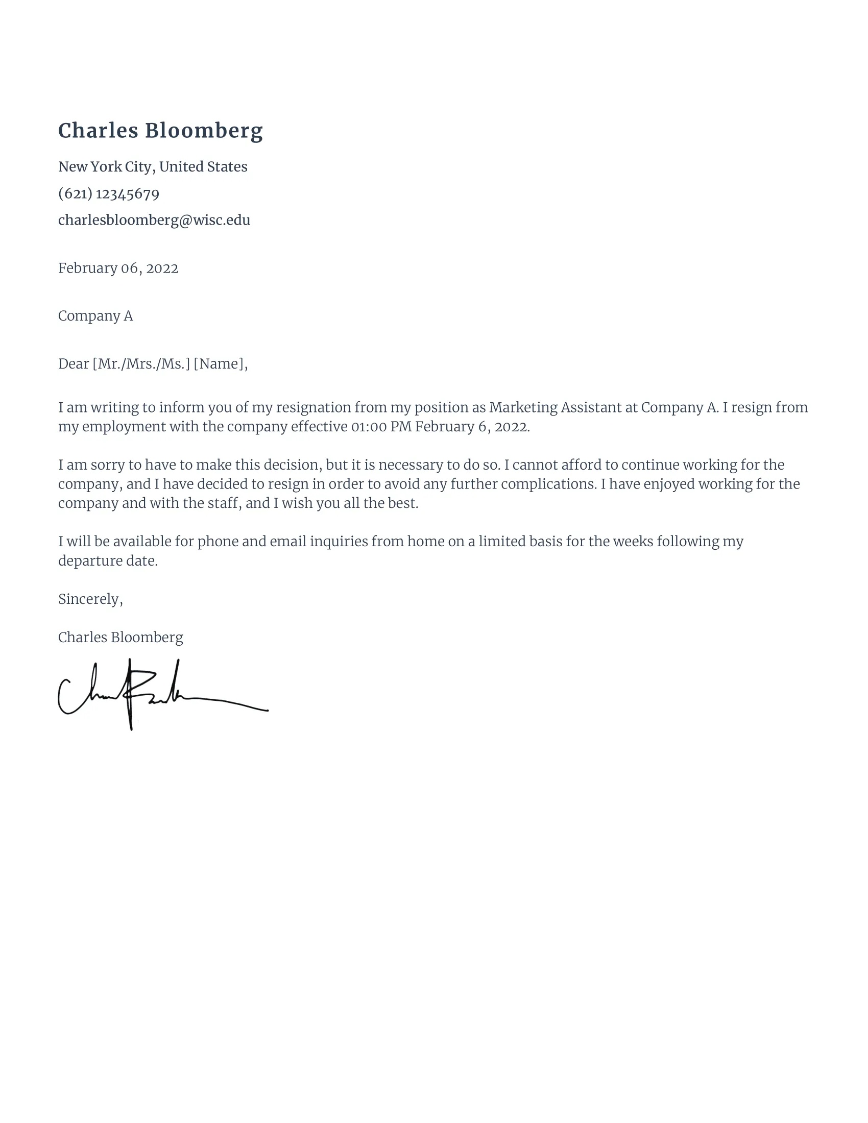 Free Last Minute Resignation Letter Sample - Rezi