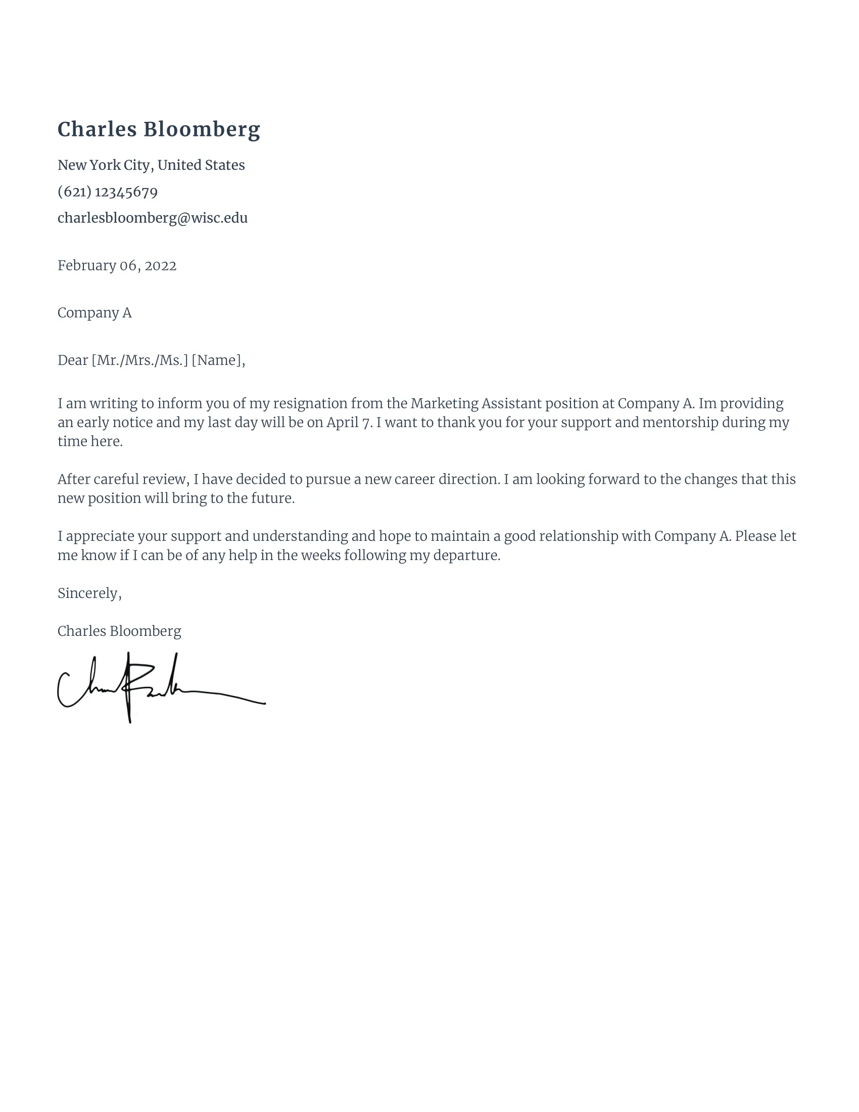 Free Early Notice Resignation Letter Sample - Rezi