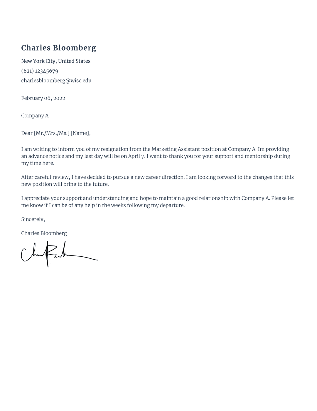 Free Resignation Letter with Advance Notice Sample - Rezi